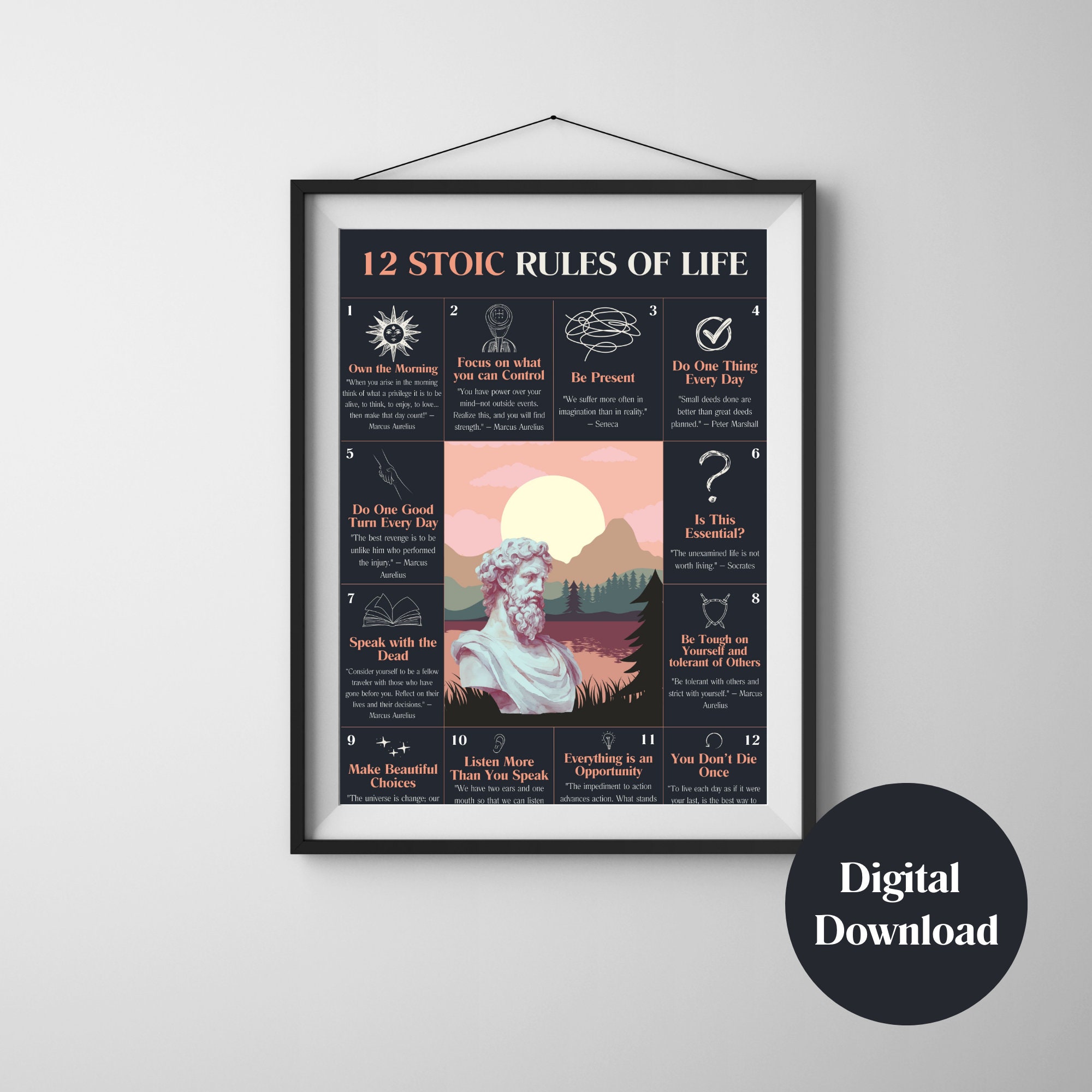12 Stoic Rules of Life Poster - Inspirational Wall Art - Stoic ...