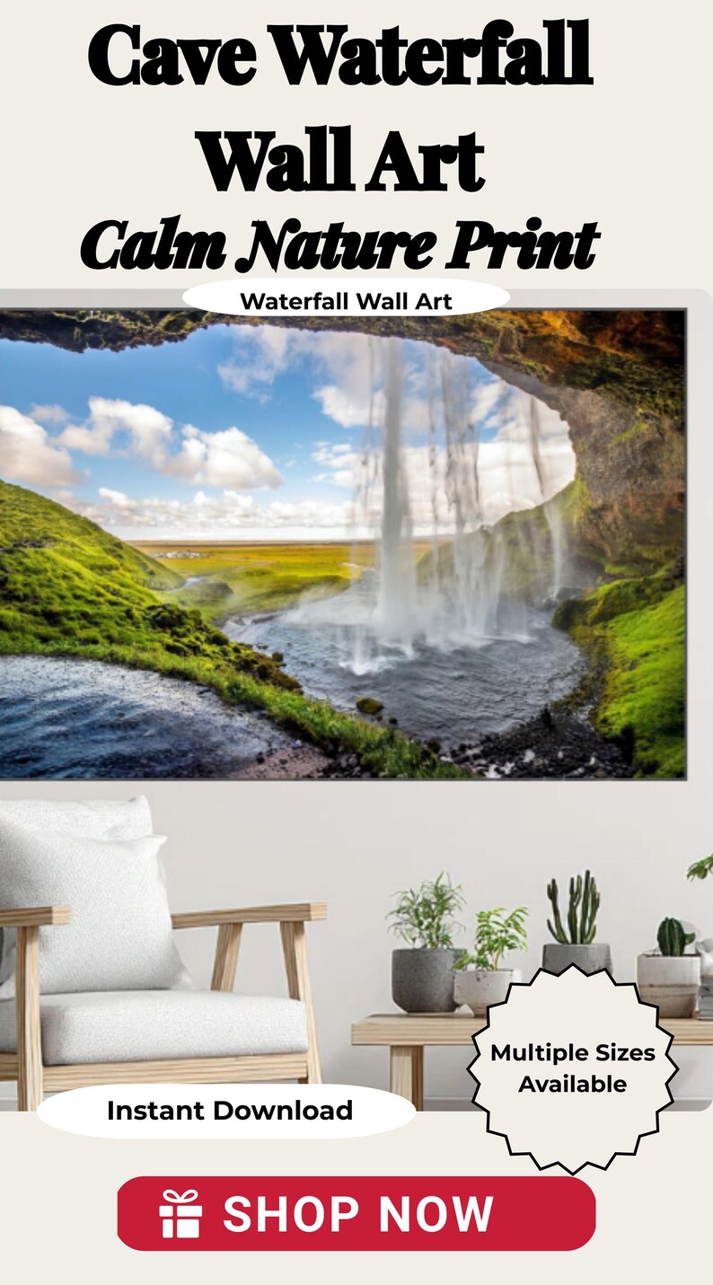 Cave Waterfall Behind Falls Landscape Photo Wall Art Printable Nature ...
