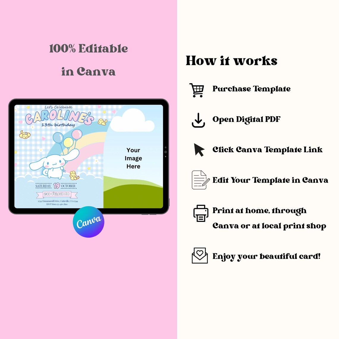 Kitty & Friends Birthday Invite Editable, Kawaii Anime Pup Party ...