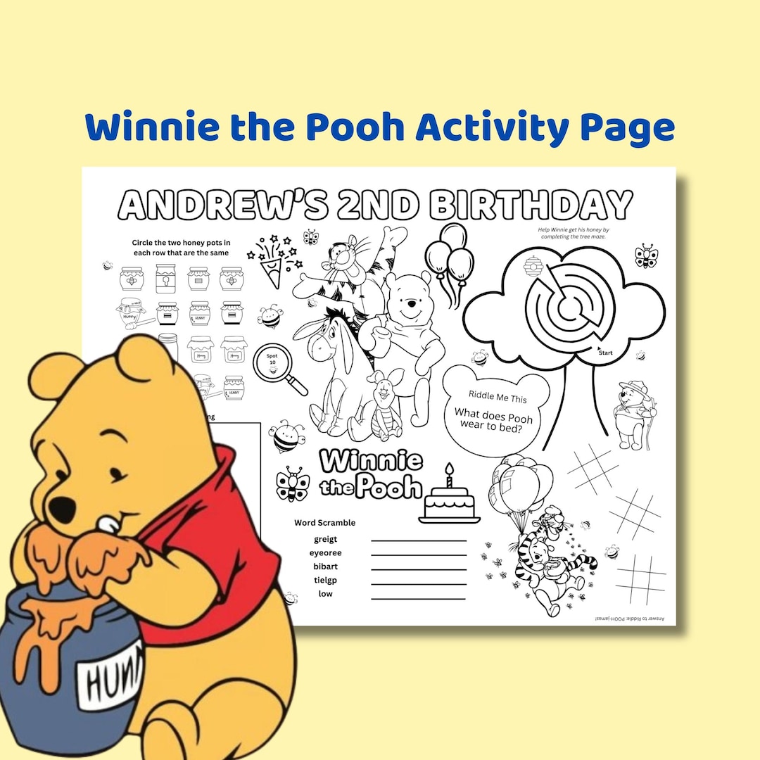 Winnie Pooh Bear Birthday Activity Page Placemat Editable - Etsy
