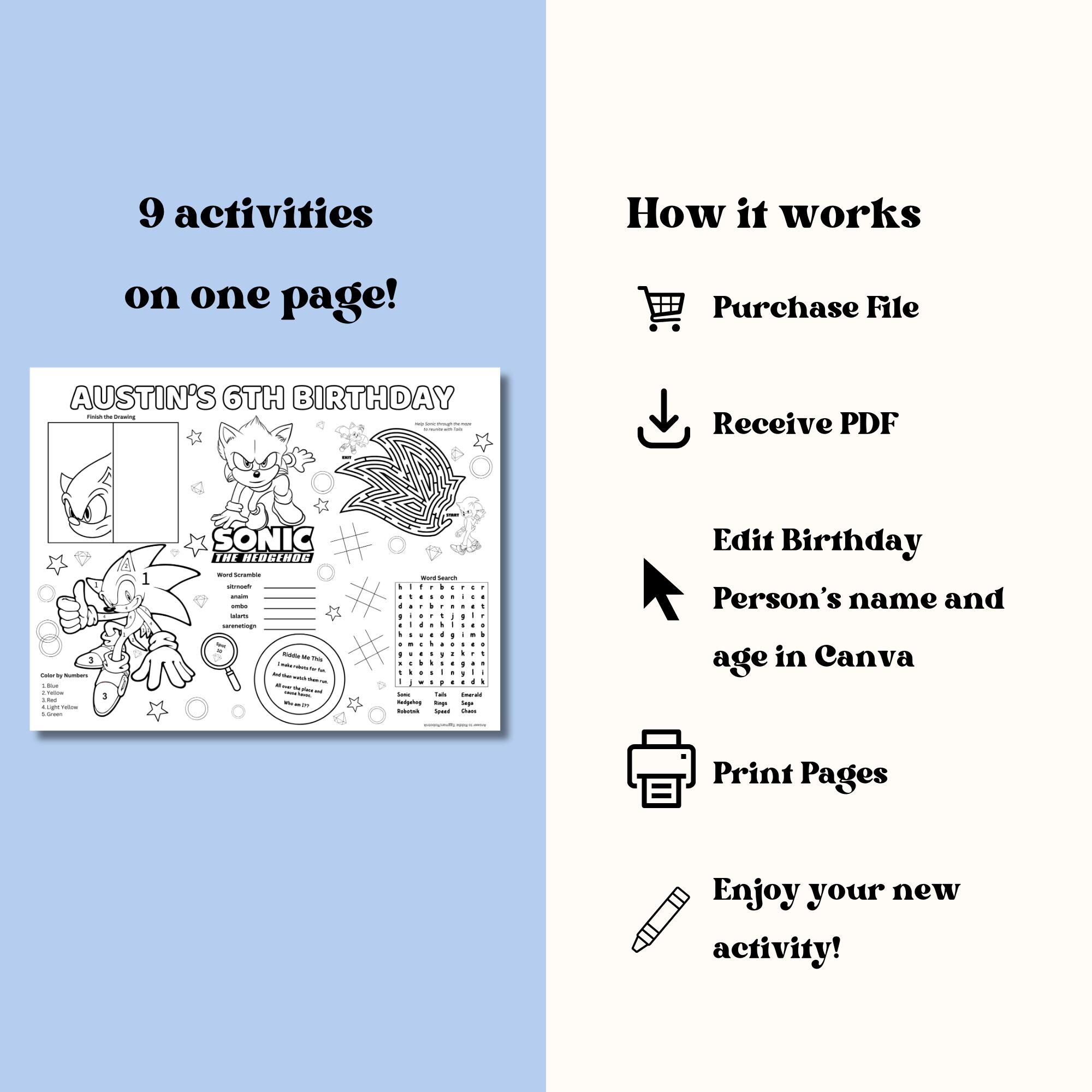 Sonic-the-hedgehog-inspired Birthday Activity Page Editable - Etsy