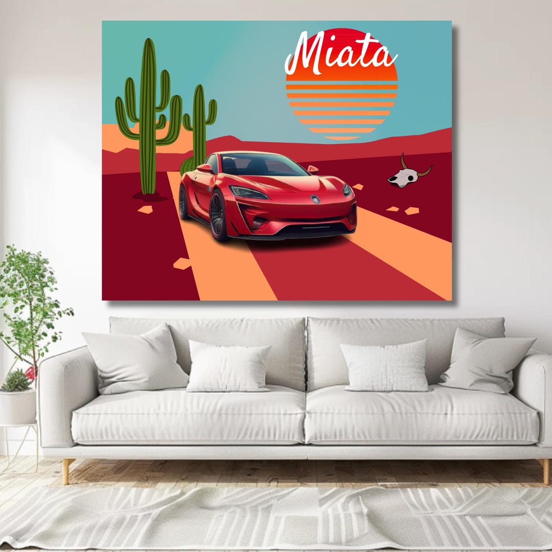 Miata MX5 Car Poster, 16x20 Landscape Art Print, Red Miata in Desert ...