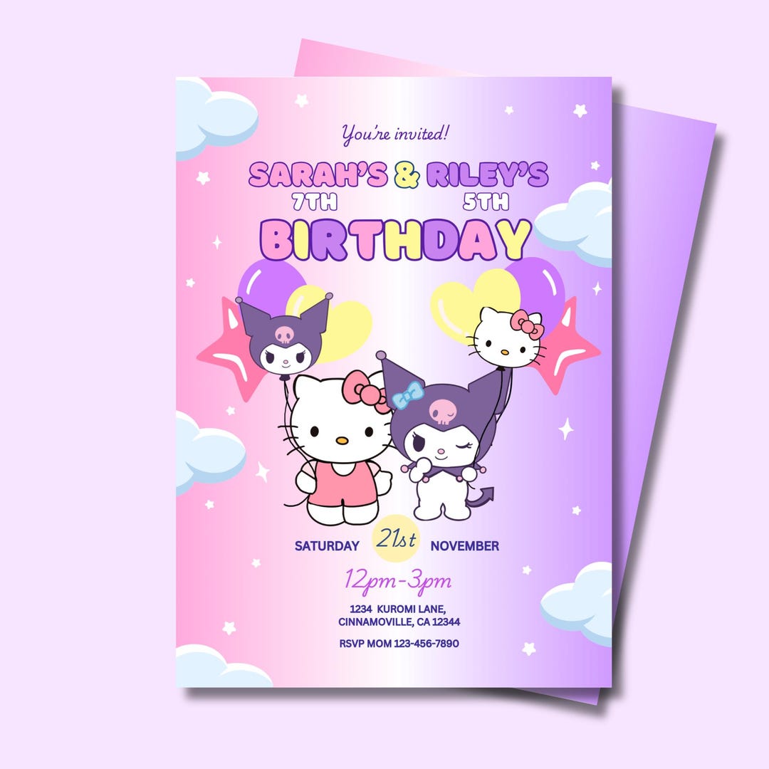 Duo Birthday Invite Editable, Kawaii Anime Invitation, Evil Bunny Kitty ...