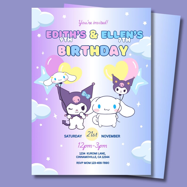 Kitty & Friends Birthday Invite Editable, Kawaii Anime Pup Invitation ...