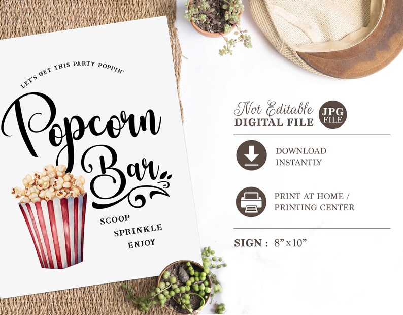 Popcorn Bar - Popcorn Station Sign - Minimalist - Printable - Digital ...