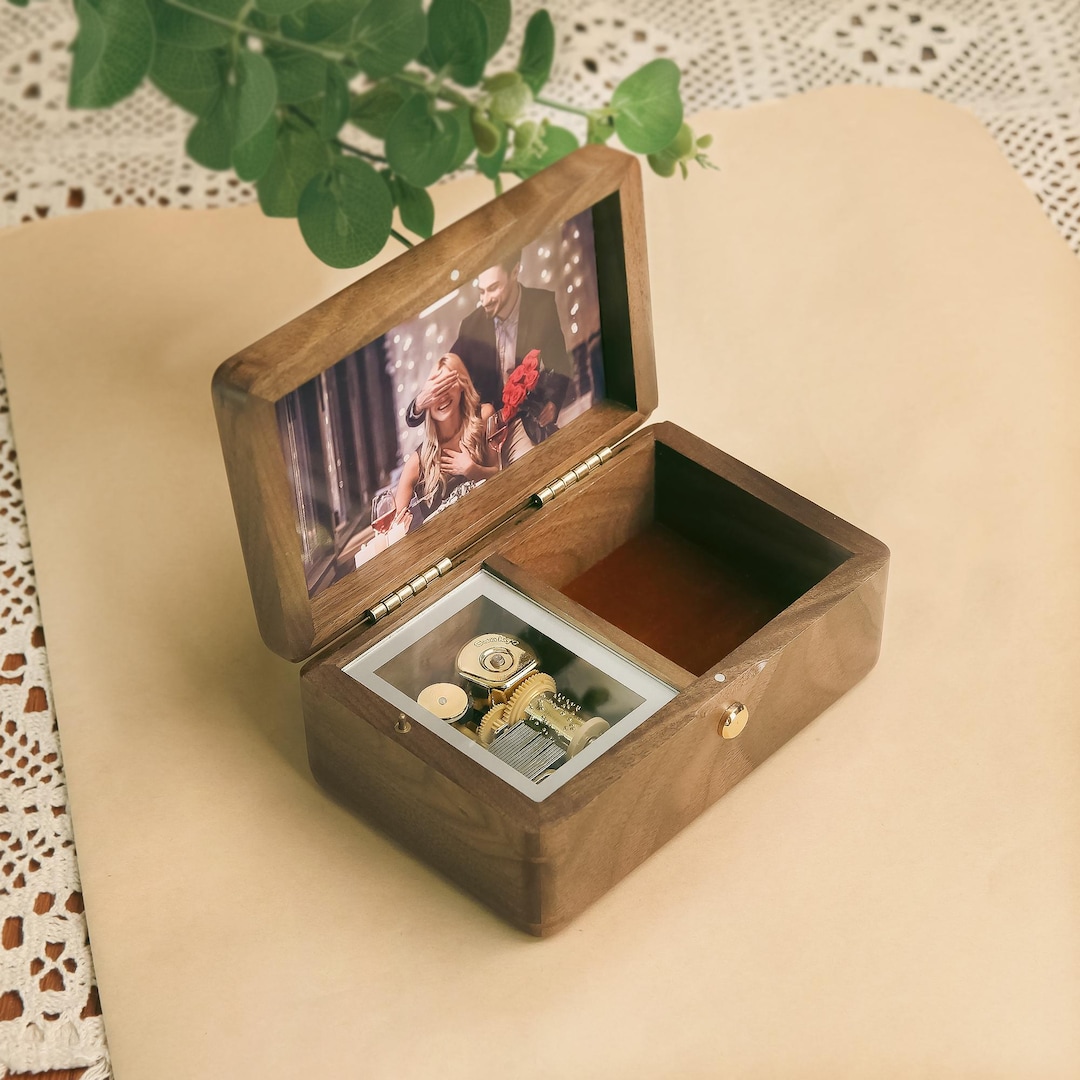 Birthday gift Music Box Custom Vintage Wood Jewelry Photo Engraved ...