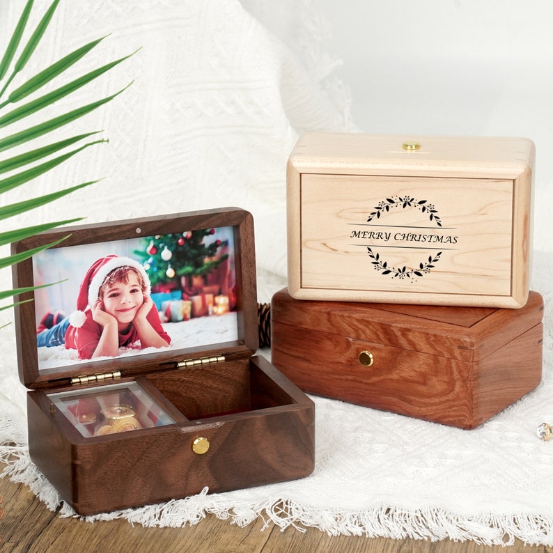 Christmas gift Music Box Custom Vintage Wood Jewelry Photo Engraved ...