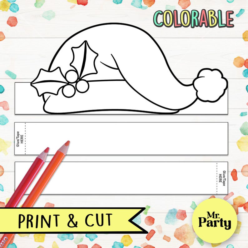 Santa Holly Leaf Hat Paper Crown, Christmas Paper Crown Pdf, Printable ...