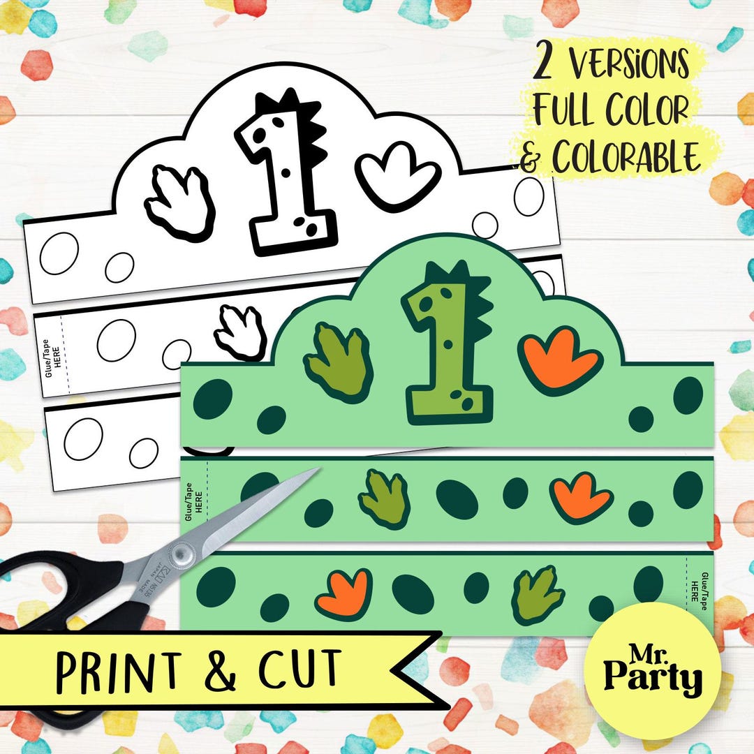 Dinosaur Birthday Paper Crown, Printable Craft, Colorable Party Hat ...