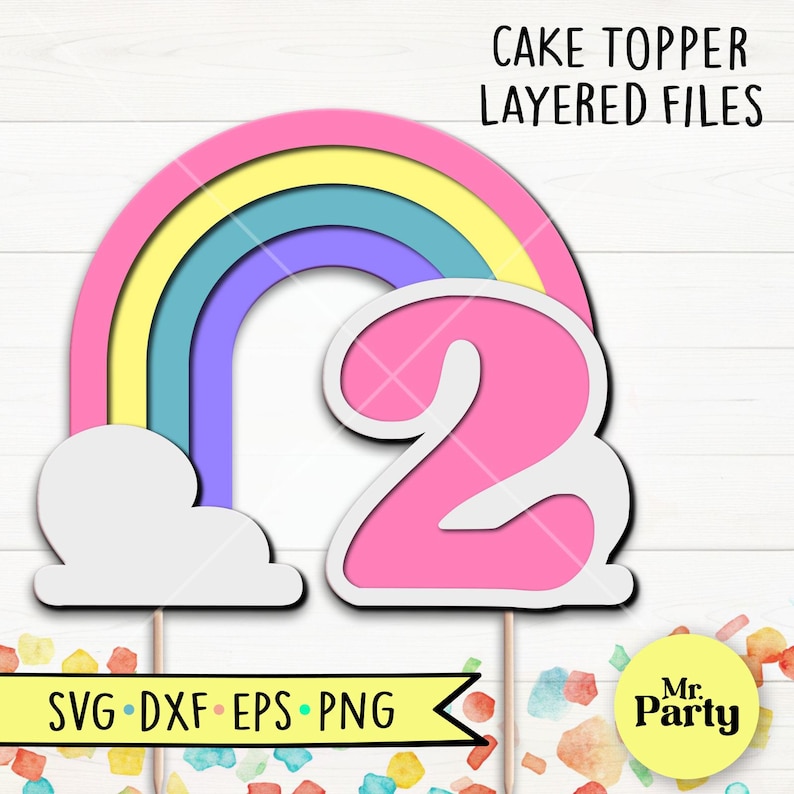 Rainbow Cake Topper 2nd Birthday SVG, DIY Party Decoration, Rainbow ...