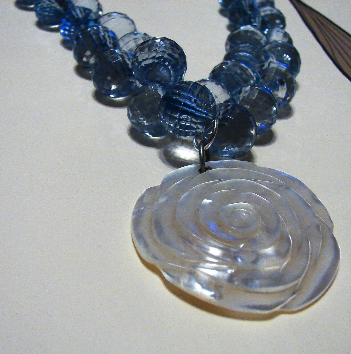 Light Blue Ribbon and Bead Choker With Mother of Pearl Carved Flower - Etsy