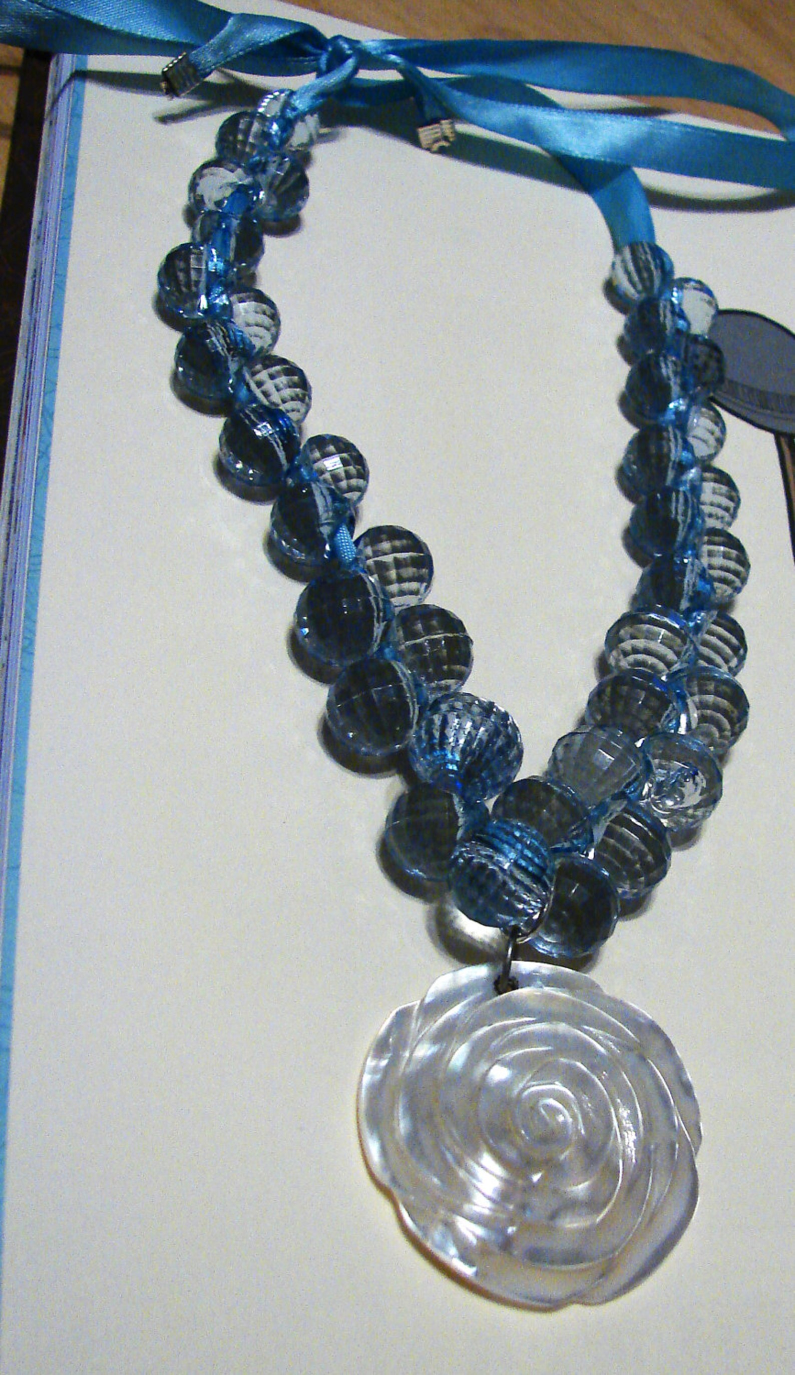 Light Blue Ribbon and Bead Choker With Mother of Pearl Carved Flower - Etsy