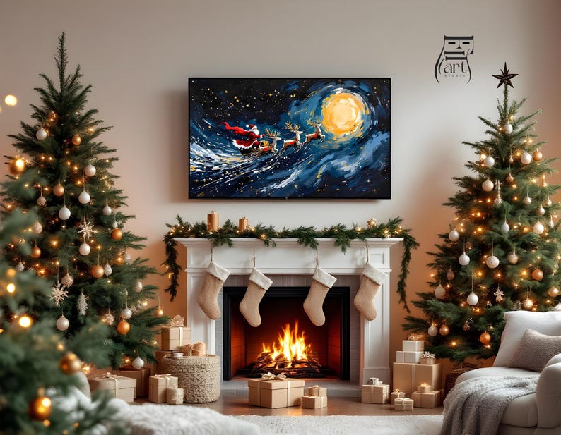 Abstract Santa Claus Frame Tv Art Neutral Holiday Santa Claus Oil ...