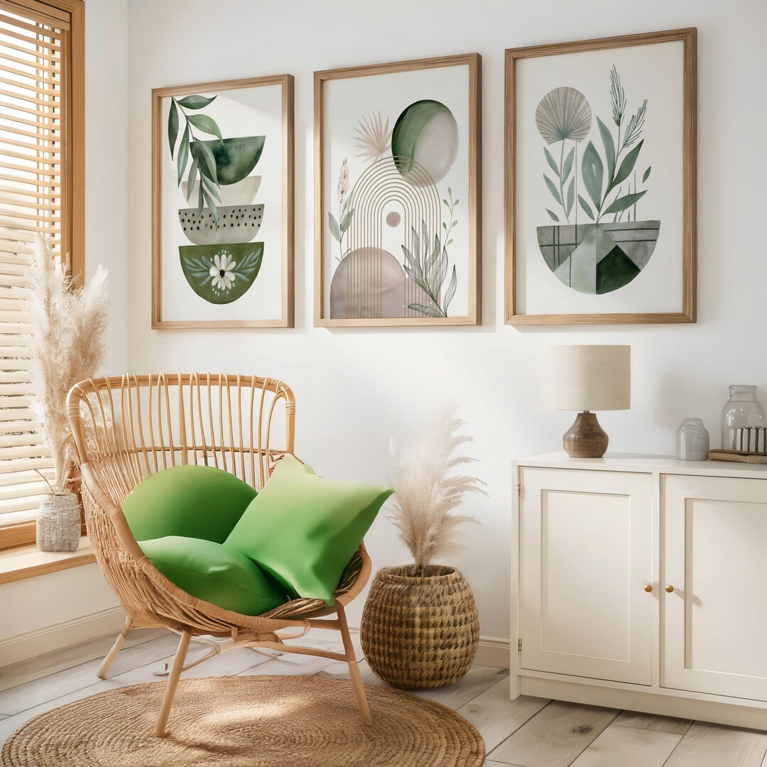 Green Boho Art Set Abstract Art Set of 3, Modern Botanical Prints ...
