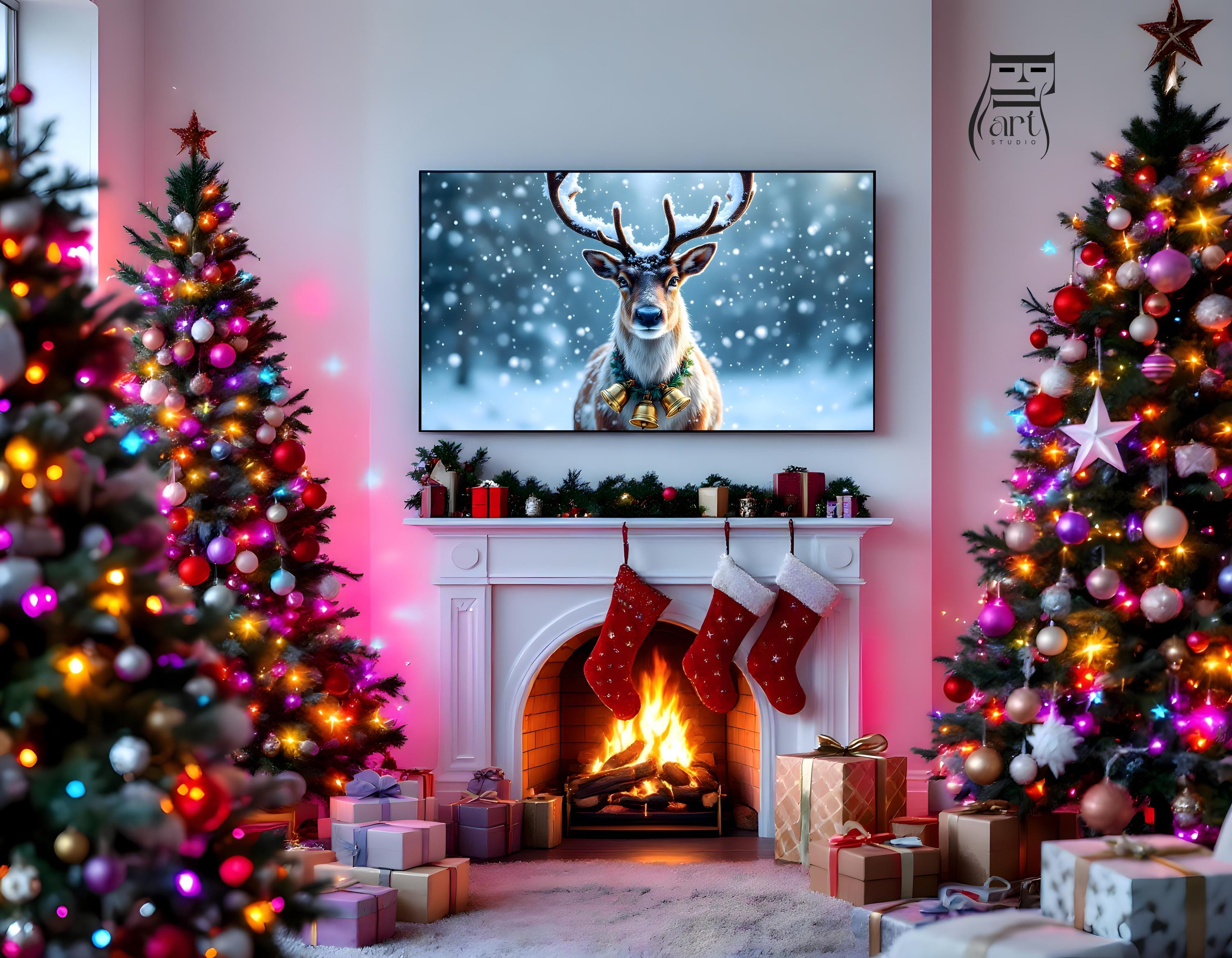 Christmas Frame TV Art, Reindeer in Snow Art for TV, Winter and Holiday ...