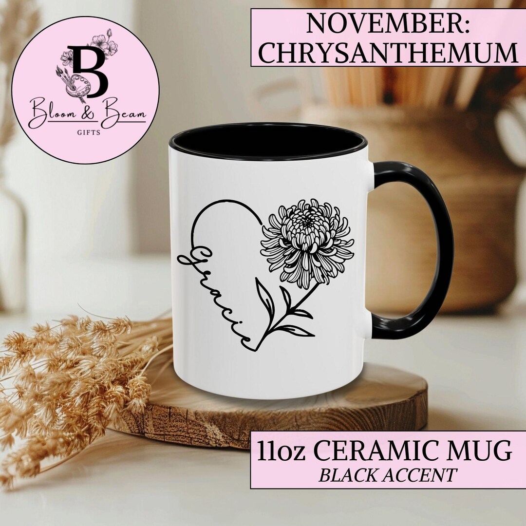 November Chrysanthemum Birth Flower Heart-shaped Name Mug | Custom ...