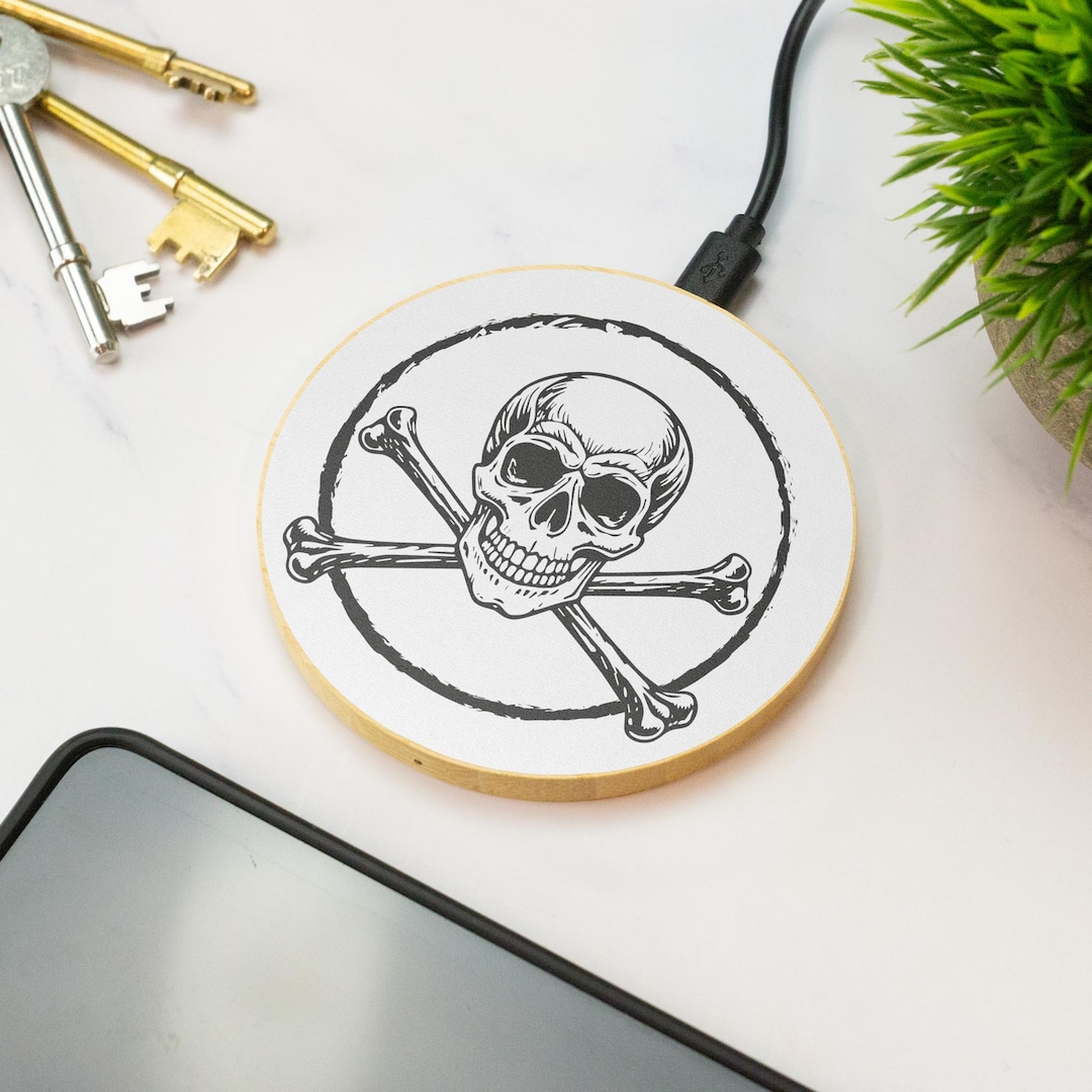 Skull Crossbones Wireless Phone Charger Jolly Roger Pirate Theme Wooden ...