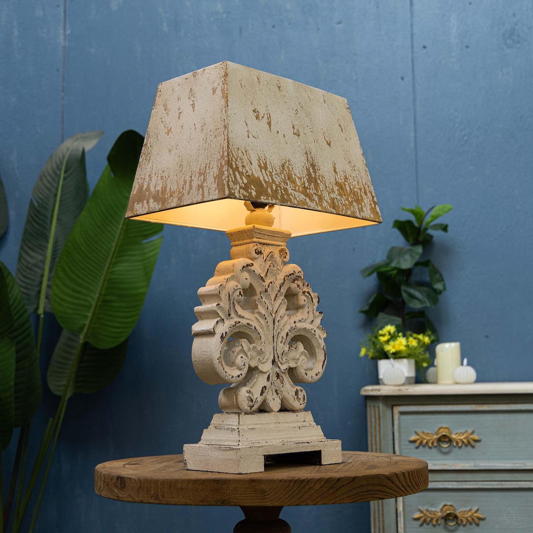 Rustic Carved Wood Base Table Lamp With Beige Lampshade Handmade Table ...