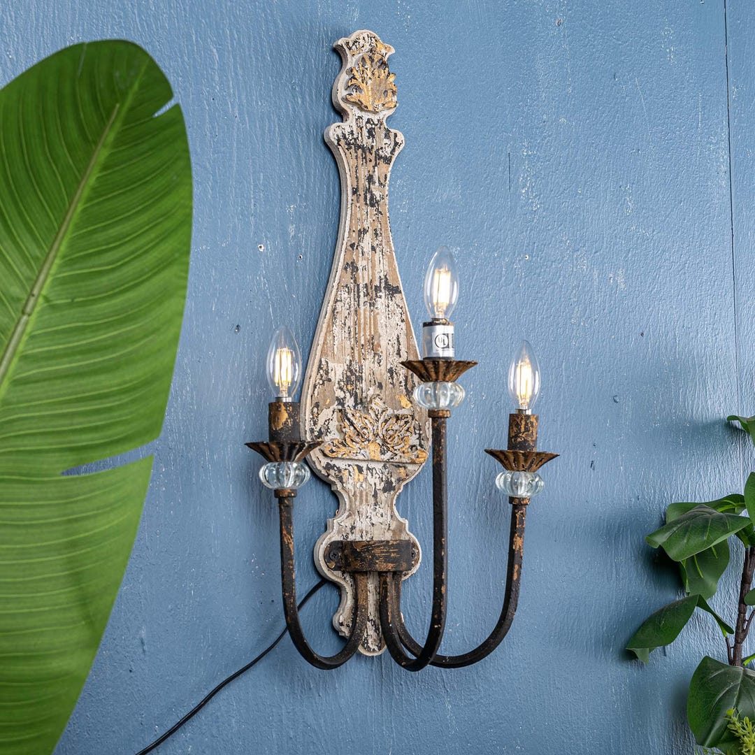 Rustic Wood Wall Lamp 3 Light Wall Lamp Wrought Iron Wall Sconce ...