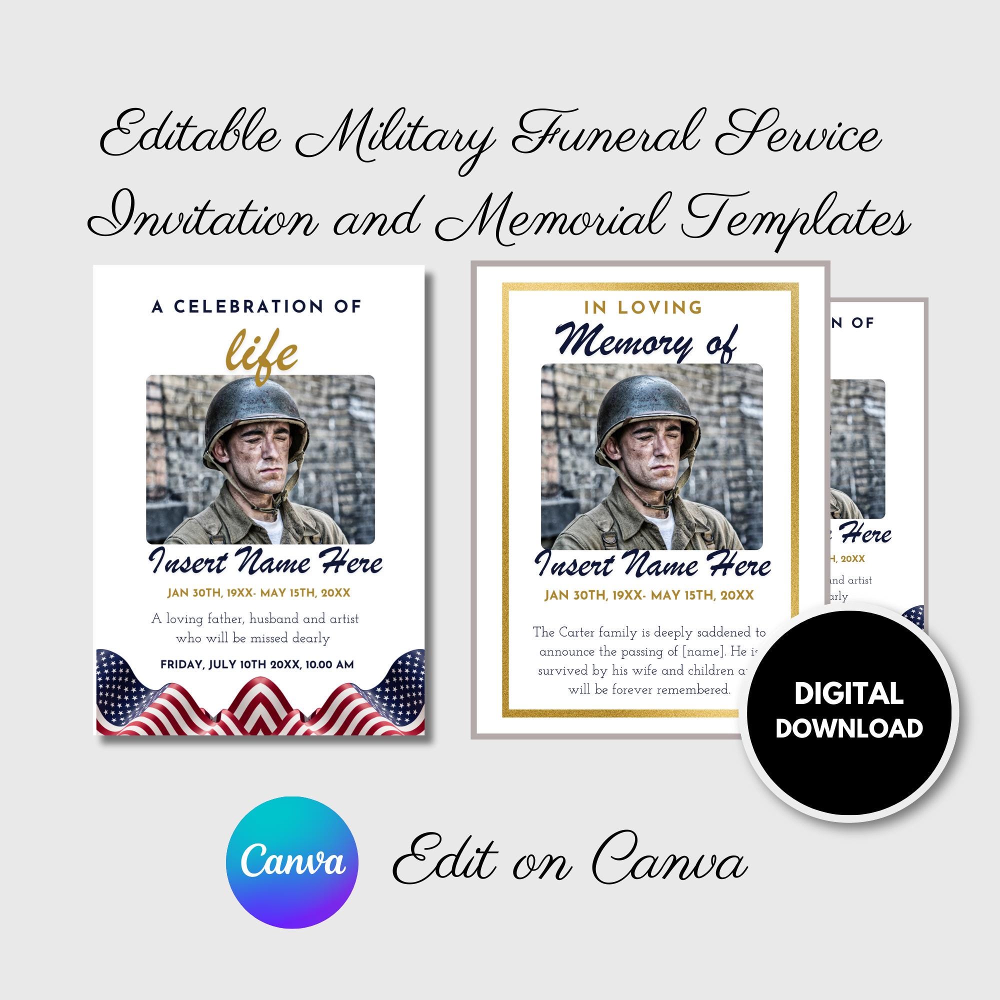 Memorial Flag Military Photo Funeral Invitation, Patriotic Service ...