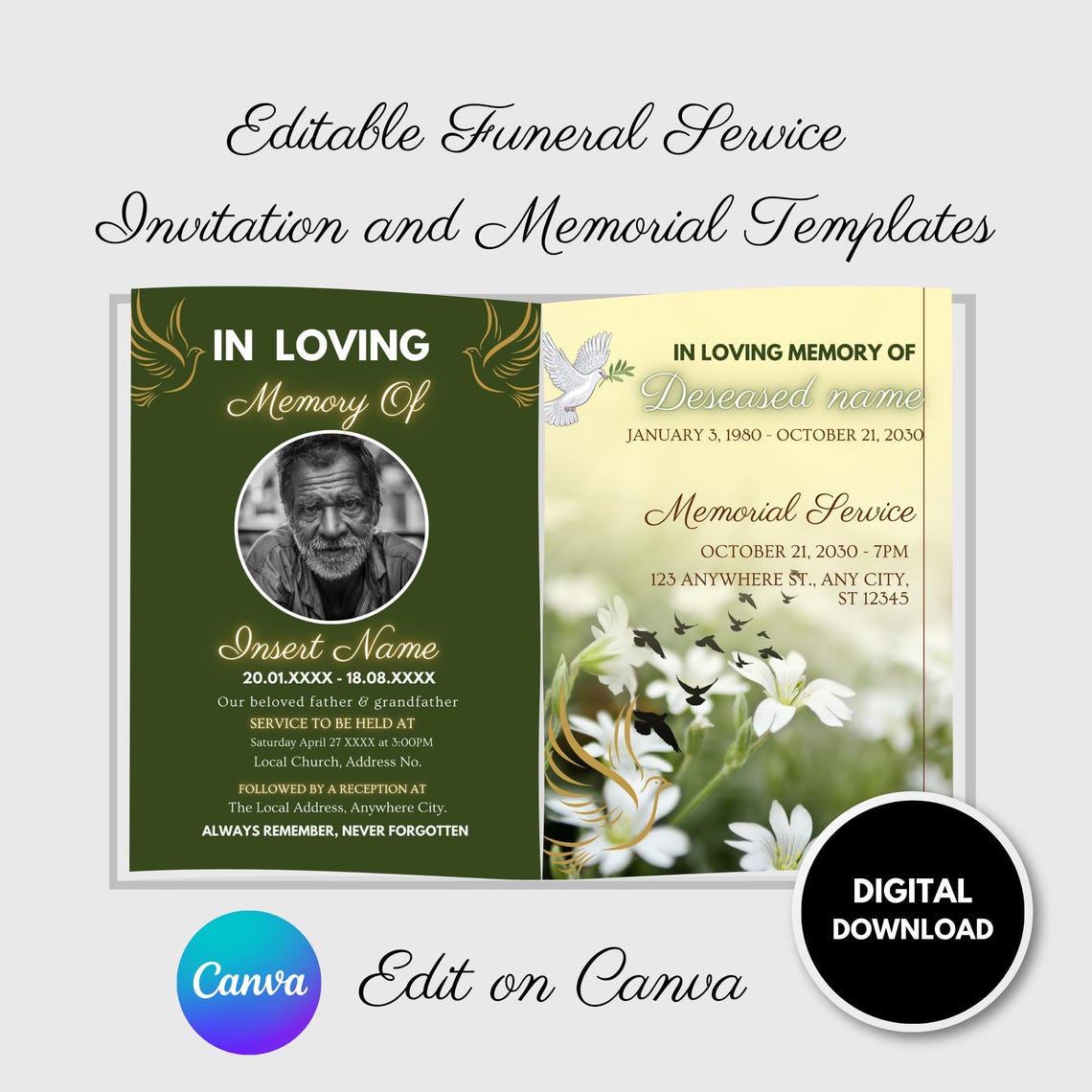 Dove and Sky Obituary Invitation, Photo Funeral Invite, Remembrance ...