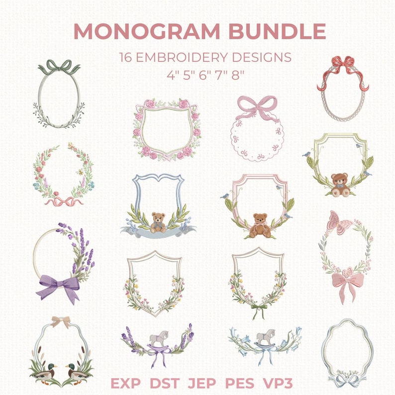 Floral Monogram Frame Embroidery Designs, Crest, Wedding (digital ...