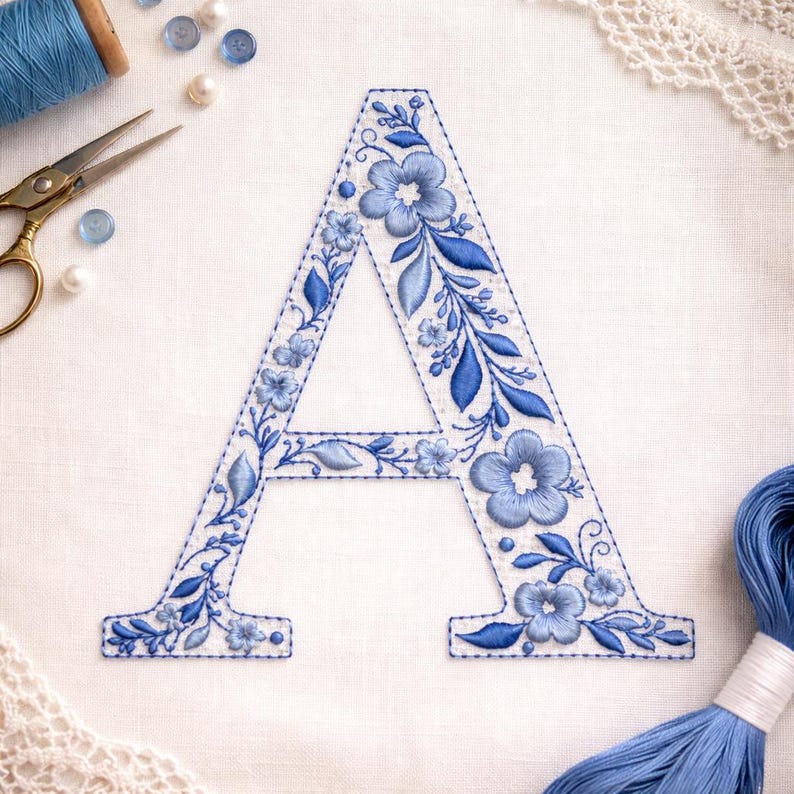 Chinoiserie Alphabet 7 Inch A-Z Machine Embroidery Font, BX Font, Blue ...