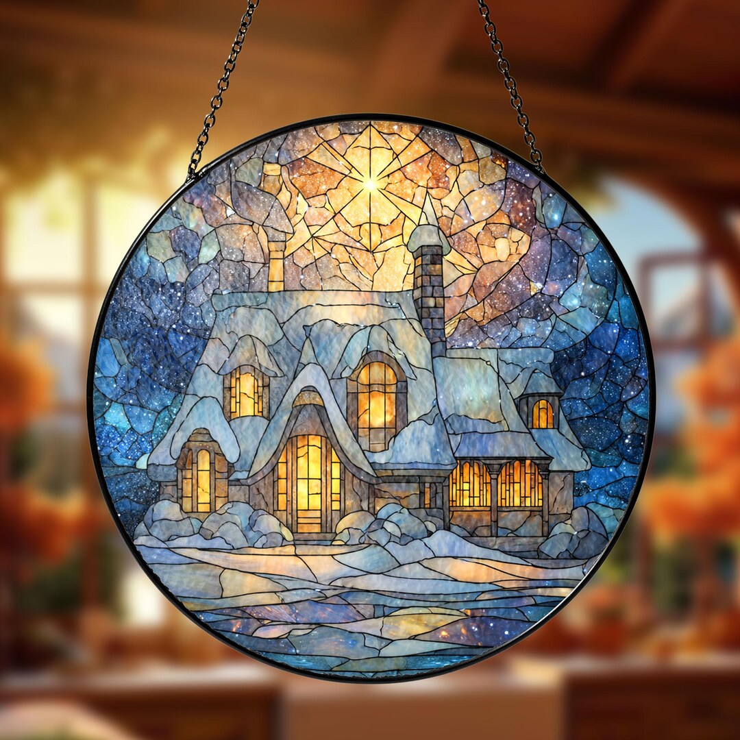 Winter Cottage Suncatcher, Snowy House Window Decor - Etsy