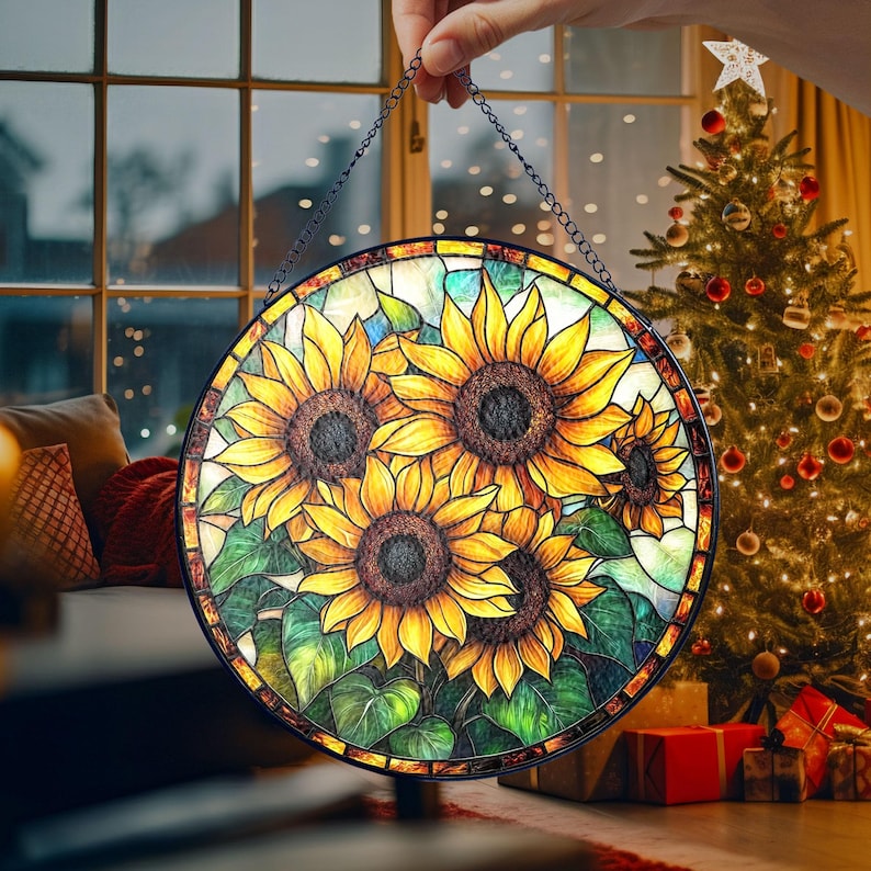 Sunflower Glass Suncatcher, Sunflower Stained Glass Hanging, Flower ...