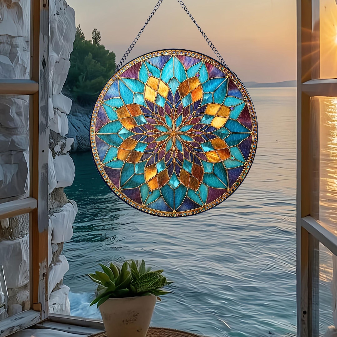 Mandala Flower Glass Suncatcher, Boho Blue and Gold Round Window ...
