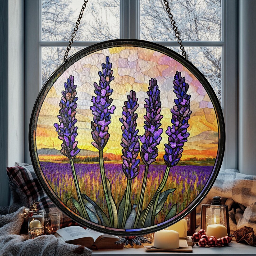 Lavender Flower Sunset Glass Suncatcher, Stained Glass Style Window ...