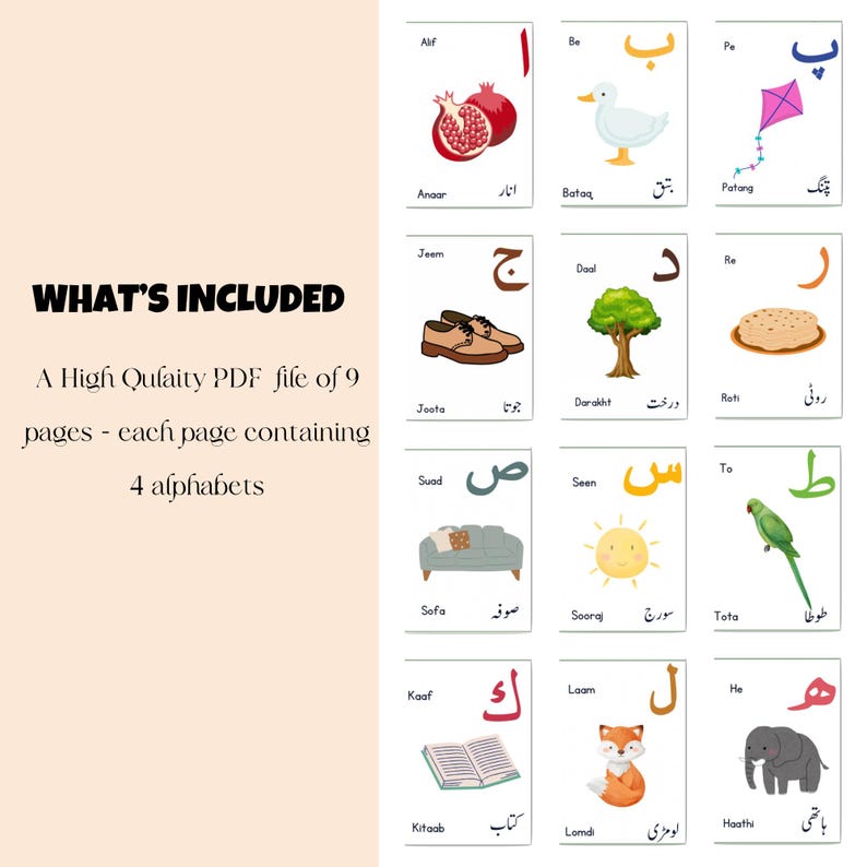 Urdu Alphabet Flash Cards, Educational Flash Cards, Urdu Language Cards ...