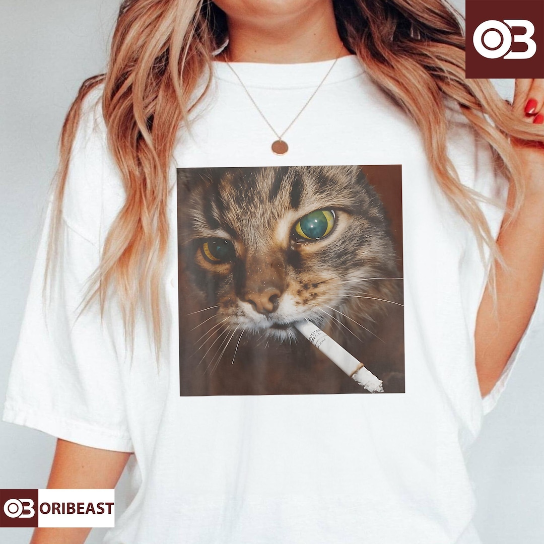 Funny Smoking Cat, Cigarette Kitty Gen Z Meme, Cat Lover T-shirt, Cool ...