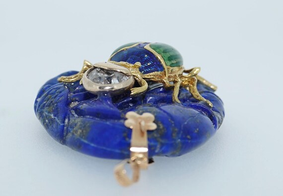 Large 14K Enamel & Diamond Scarab On a Hand Carved La… - Gem