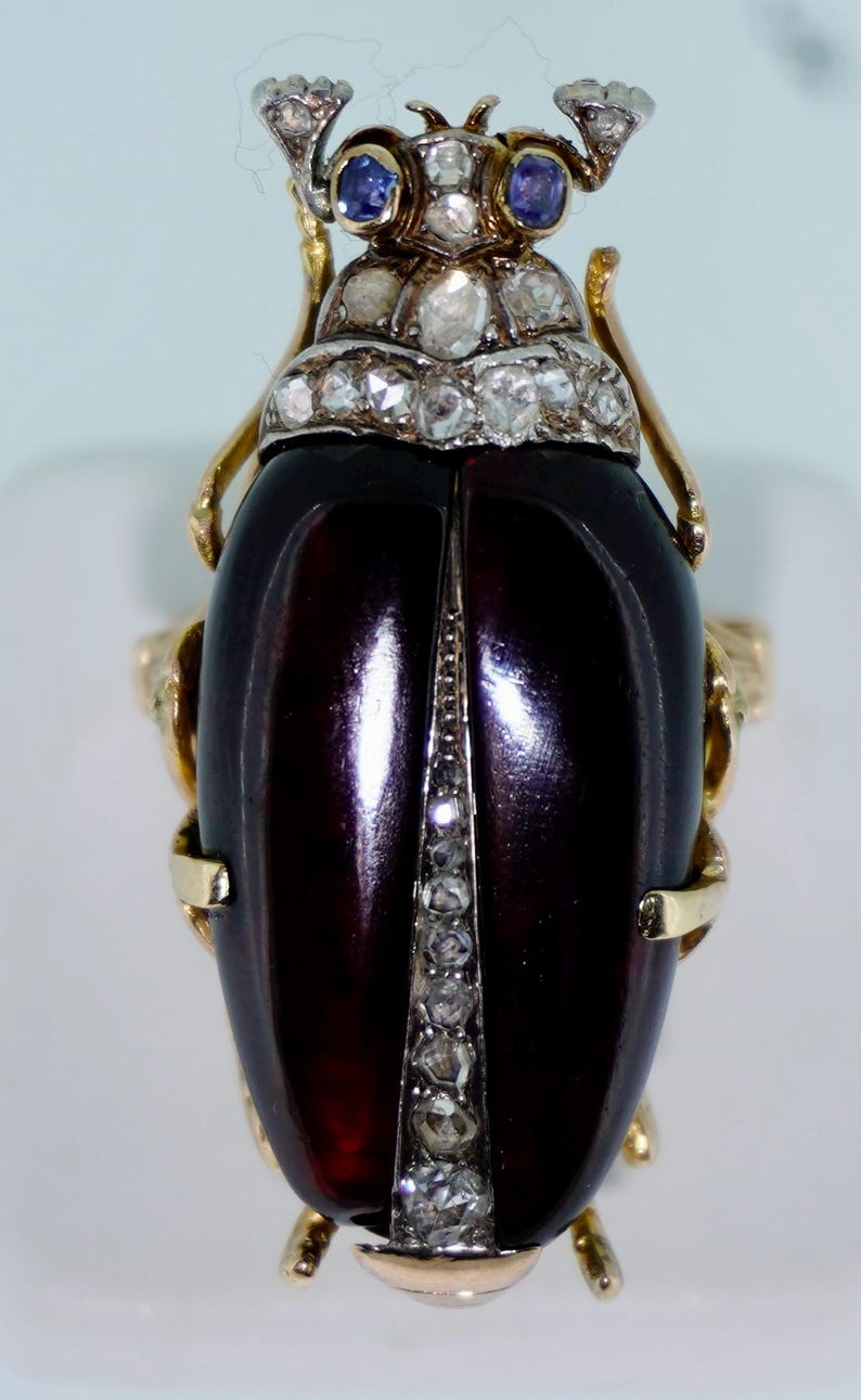 Massive Victorian Stag Beetle Ring 14K Diamonds Sapphires & Garnets - Etsy