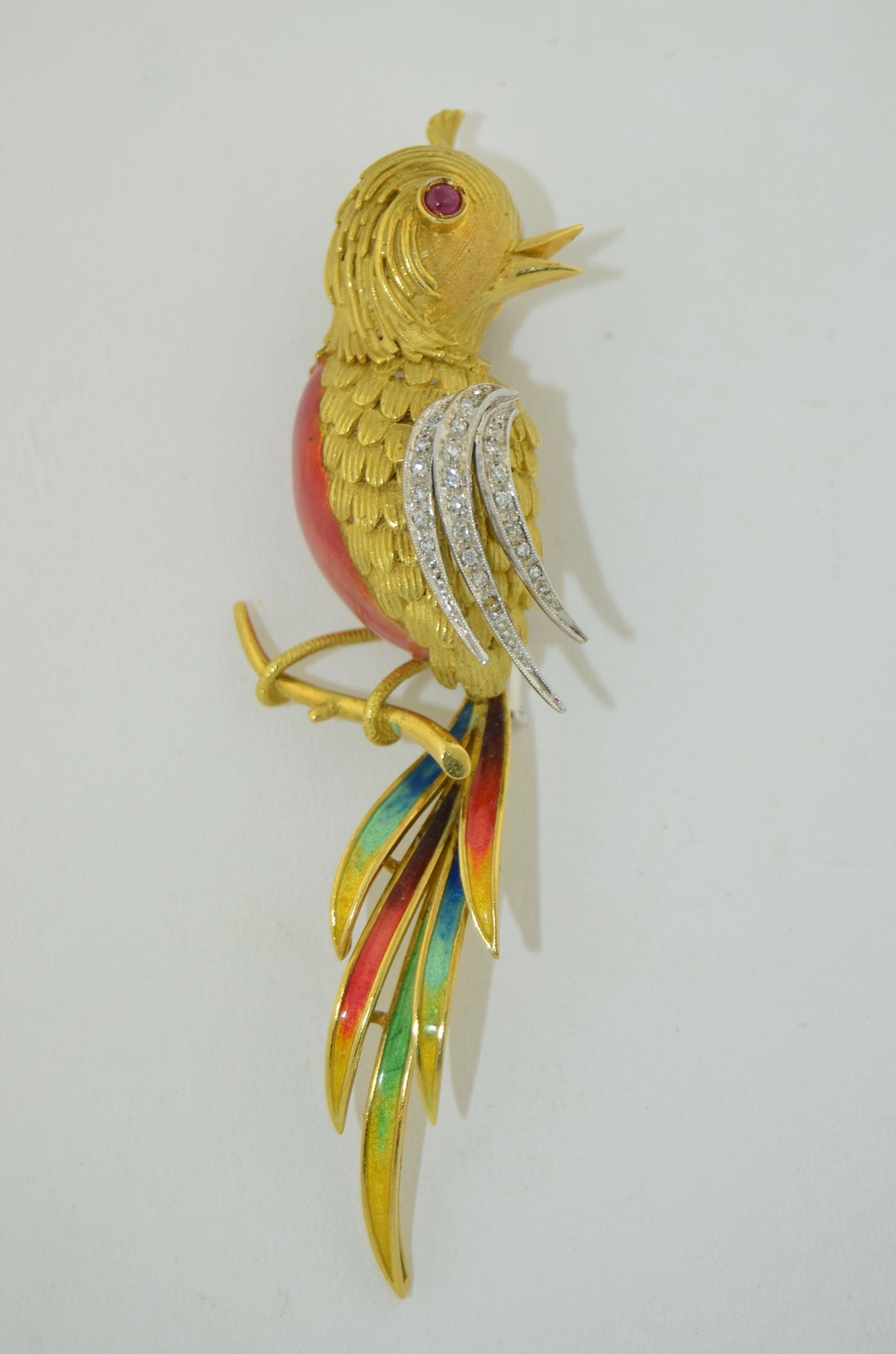 Very Large 18K Gold Enamel Diamond & Ruby Phoenix Bird Brooch - Etsy