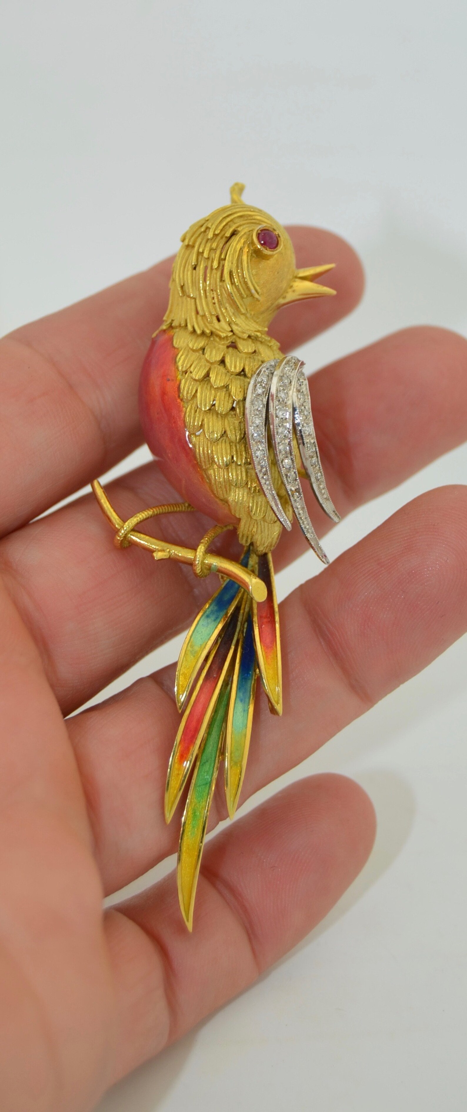 Very Large 18K Gold Enamel Diamond & Ruby Phoenix Bird Brooch | Etsy