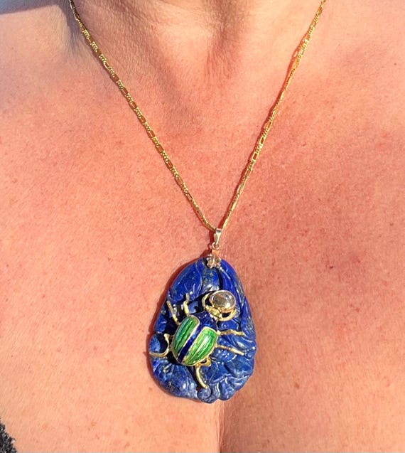 Large 14K Enamel & Diamond Scarab On a Hand Carved La… - Gem