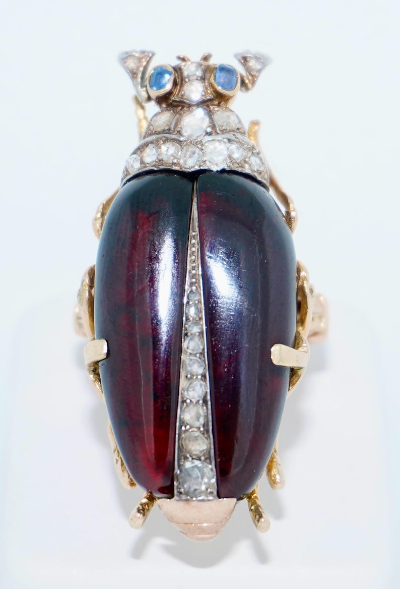 Massive Victorian Stag Beetle Ring 14K Diamonds Sapphires & Garnets - Etsy