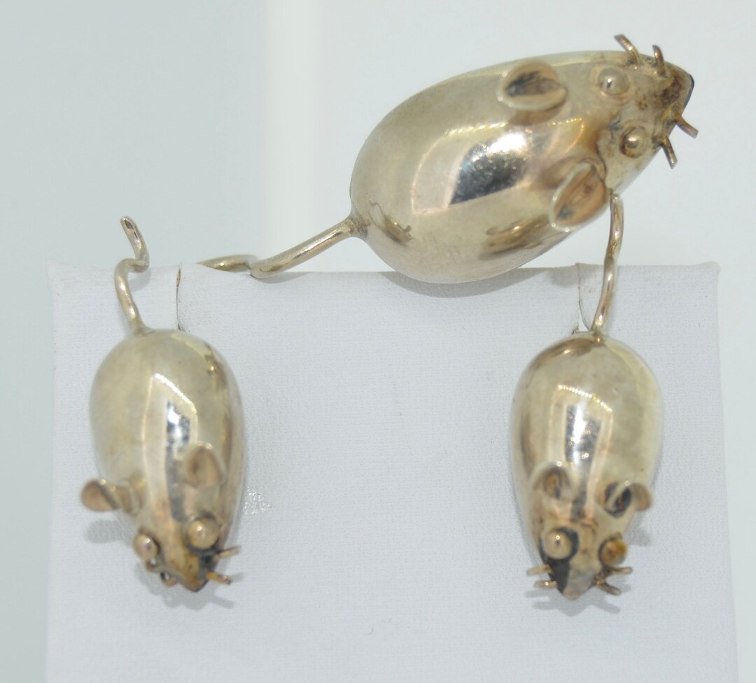 Whimsical Puffy Sterling Silver Mouse Earrings & Brooch Set - Etsy