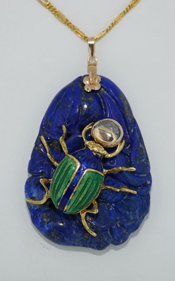 Large 14K Enamel & Diamond Scarab On a Hand Carved La… - Gem