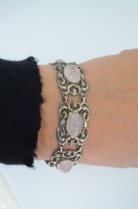 Vintage 800 Silver and Rose Quartz Bracelet - Gem