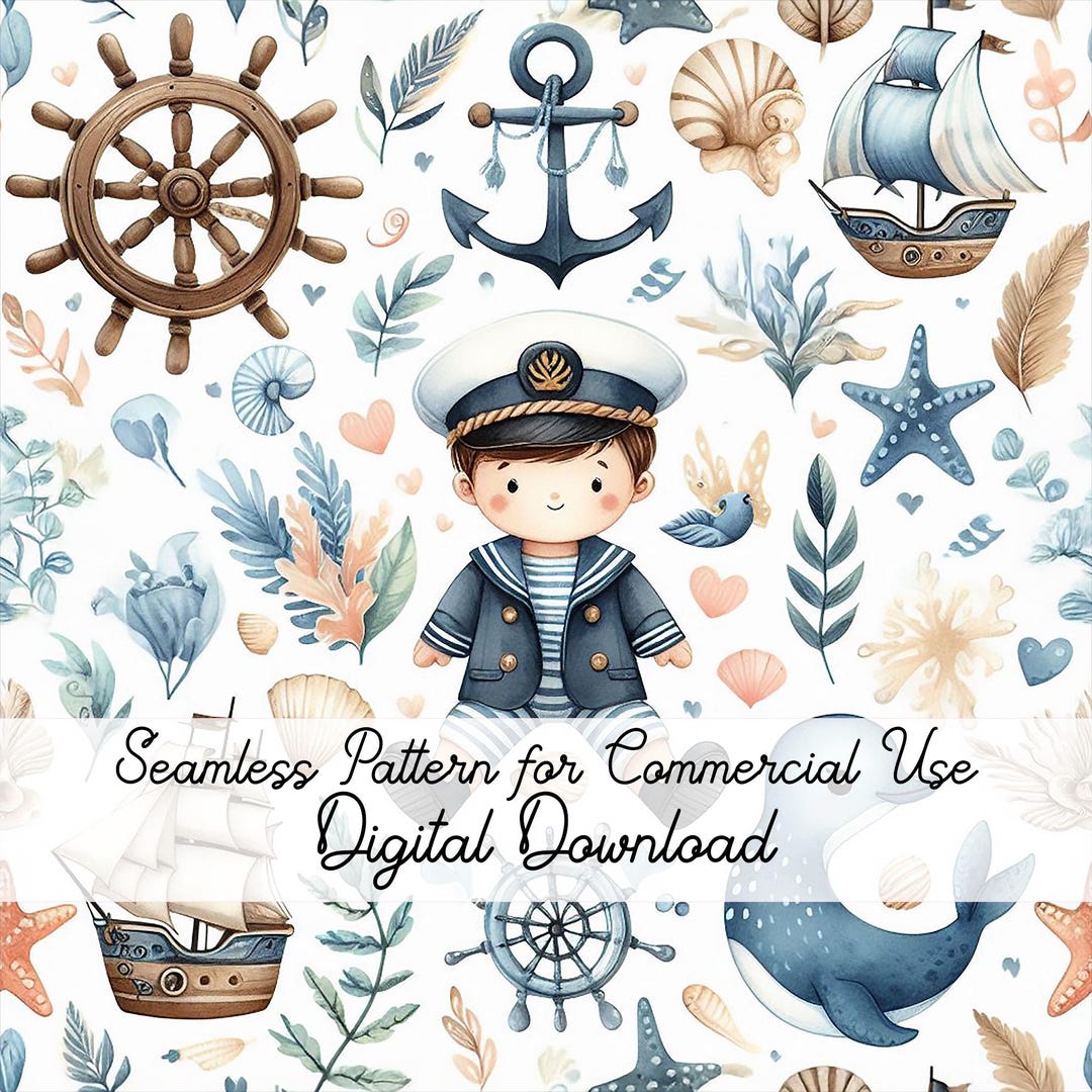 Watercolor Nautical Seamless Pattern: Sailor, Sea Animals (PNG Digital ...