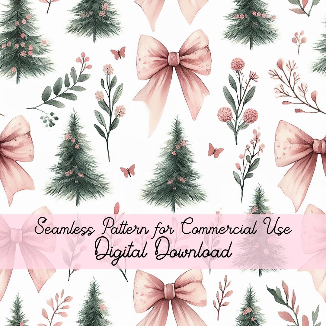 Coquette Christmas Seamless Pattern With Watercolor Pink Bows and Green ...