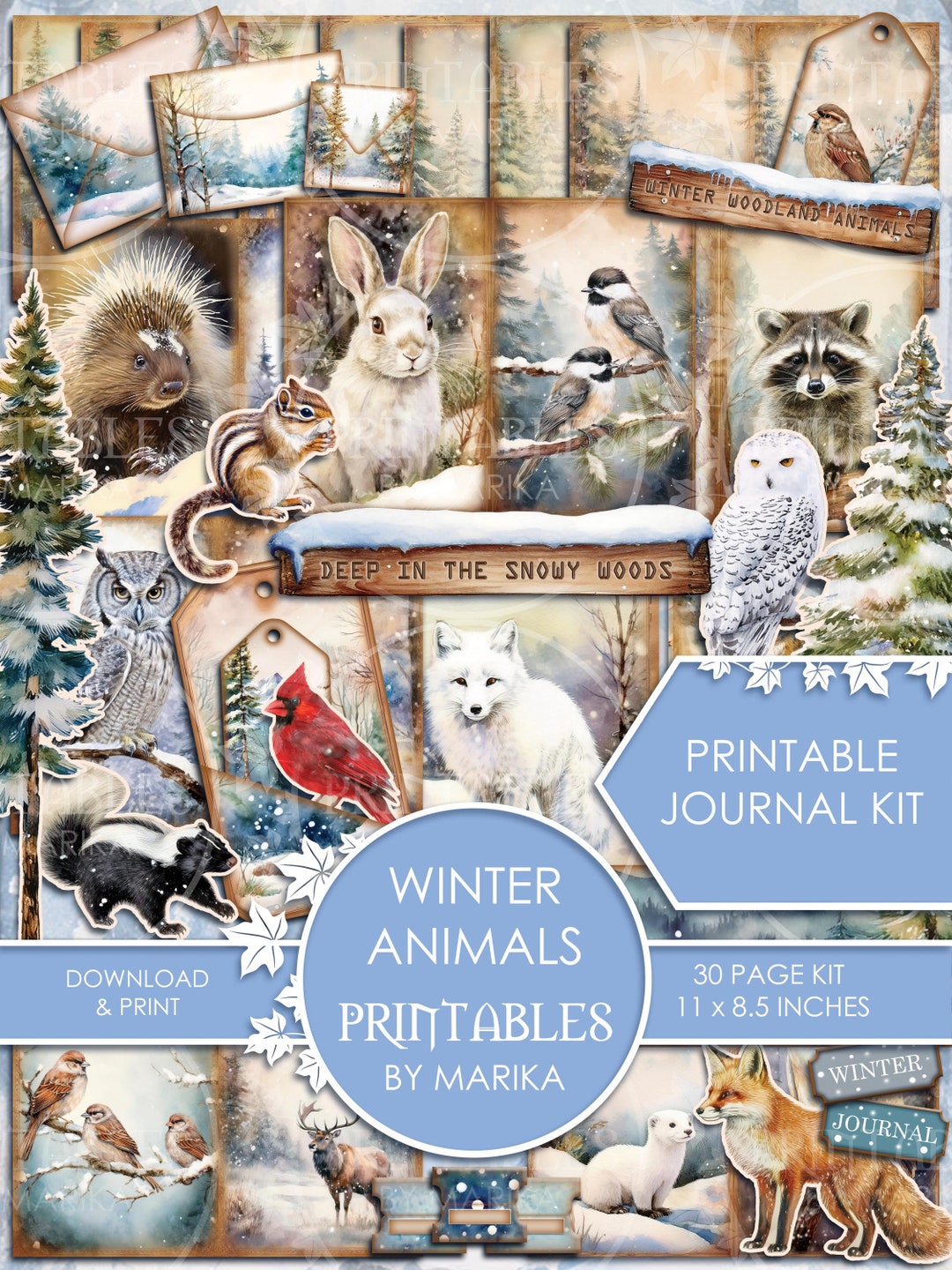 Winter Animal Junk Journal Kit. Digital Download. Scrapbooking ...
