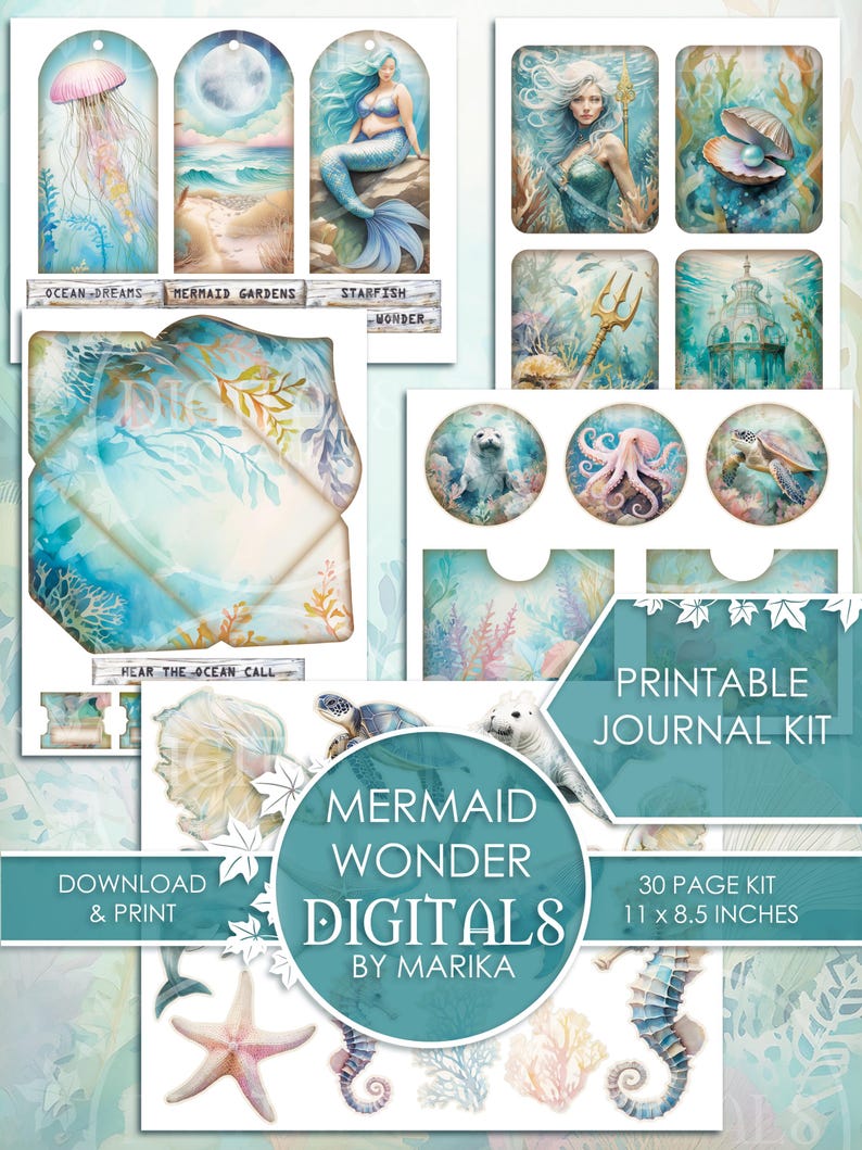 Mermaid Wonder Junk Journal Kit. Printable Mermaid Digital Downloads ...