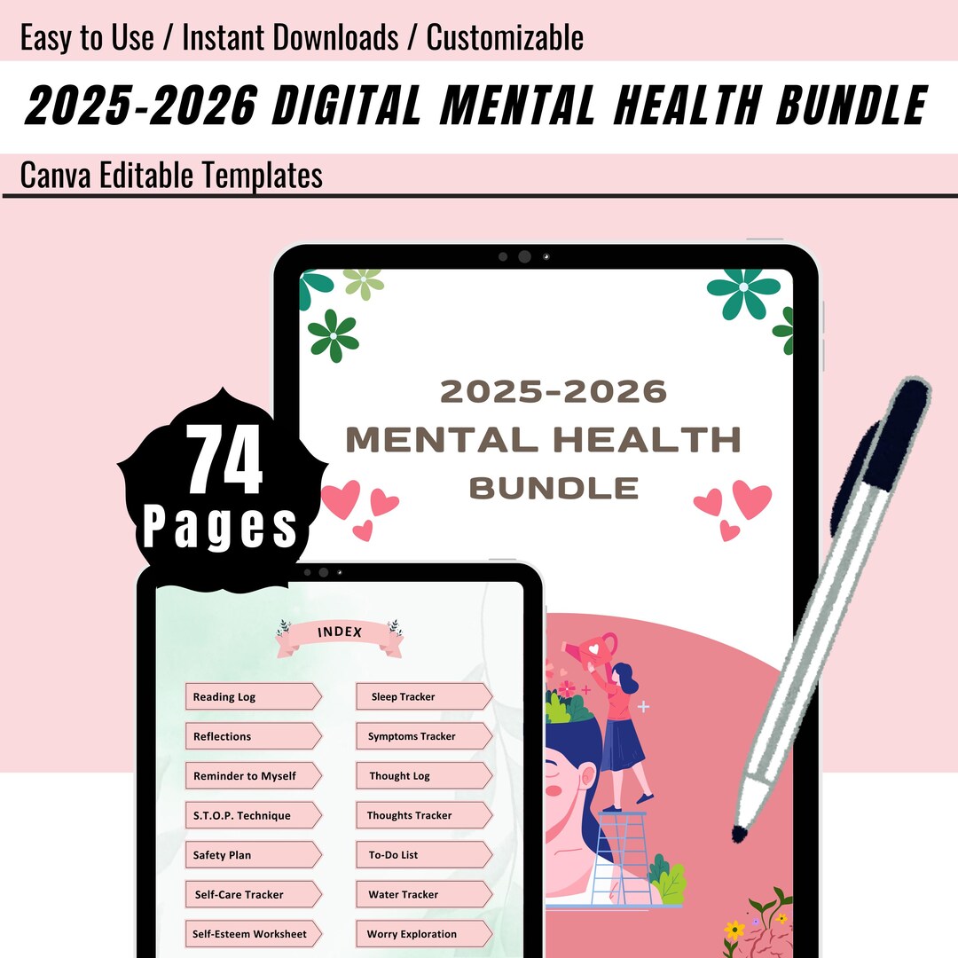 2025 Mental Health Planner Bundle, Self-care Digital Journal, Printable Therapy and Wellness ...