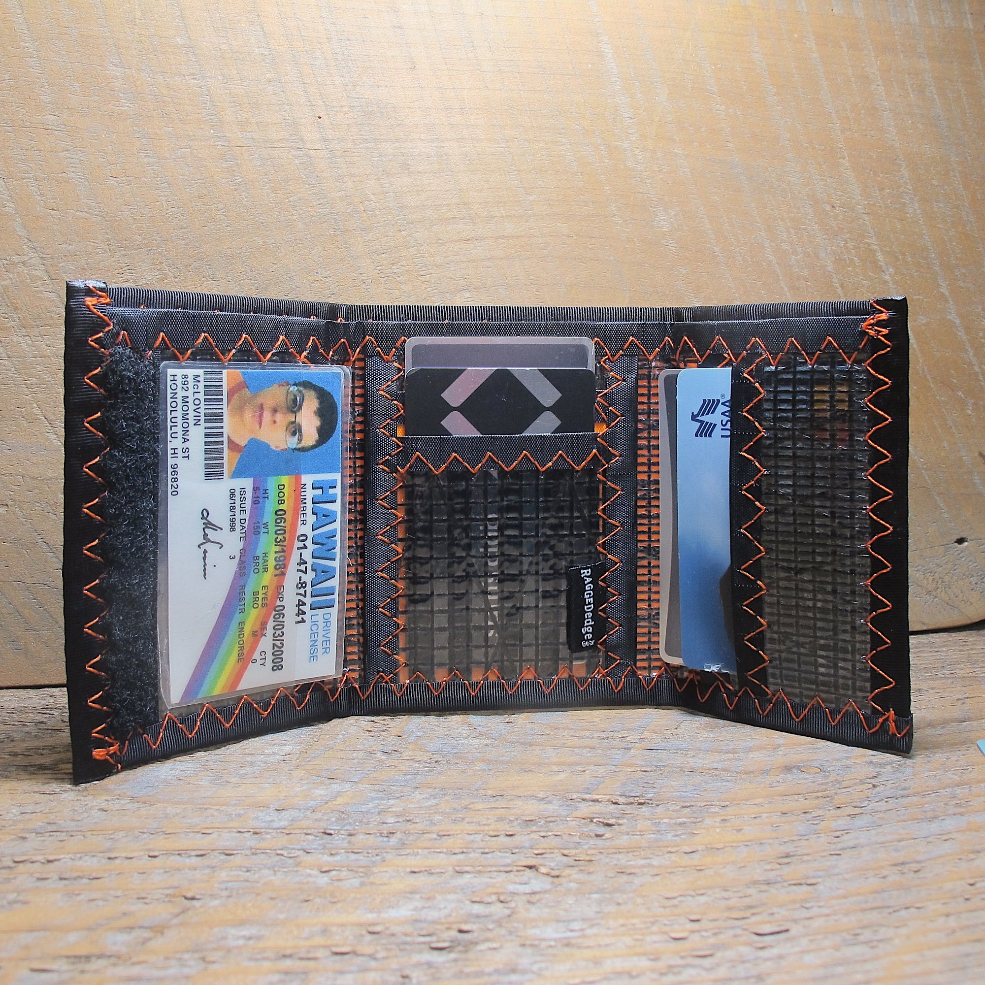 Trifold ID Wallet Carbon Fiber - USA Made - Black / Orange - Vegan - Etsy