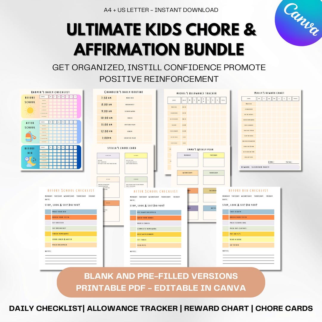 Editable Kids Chore Chart Bundle Daily Routine Reward Allowance Tracker ...