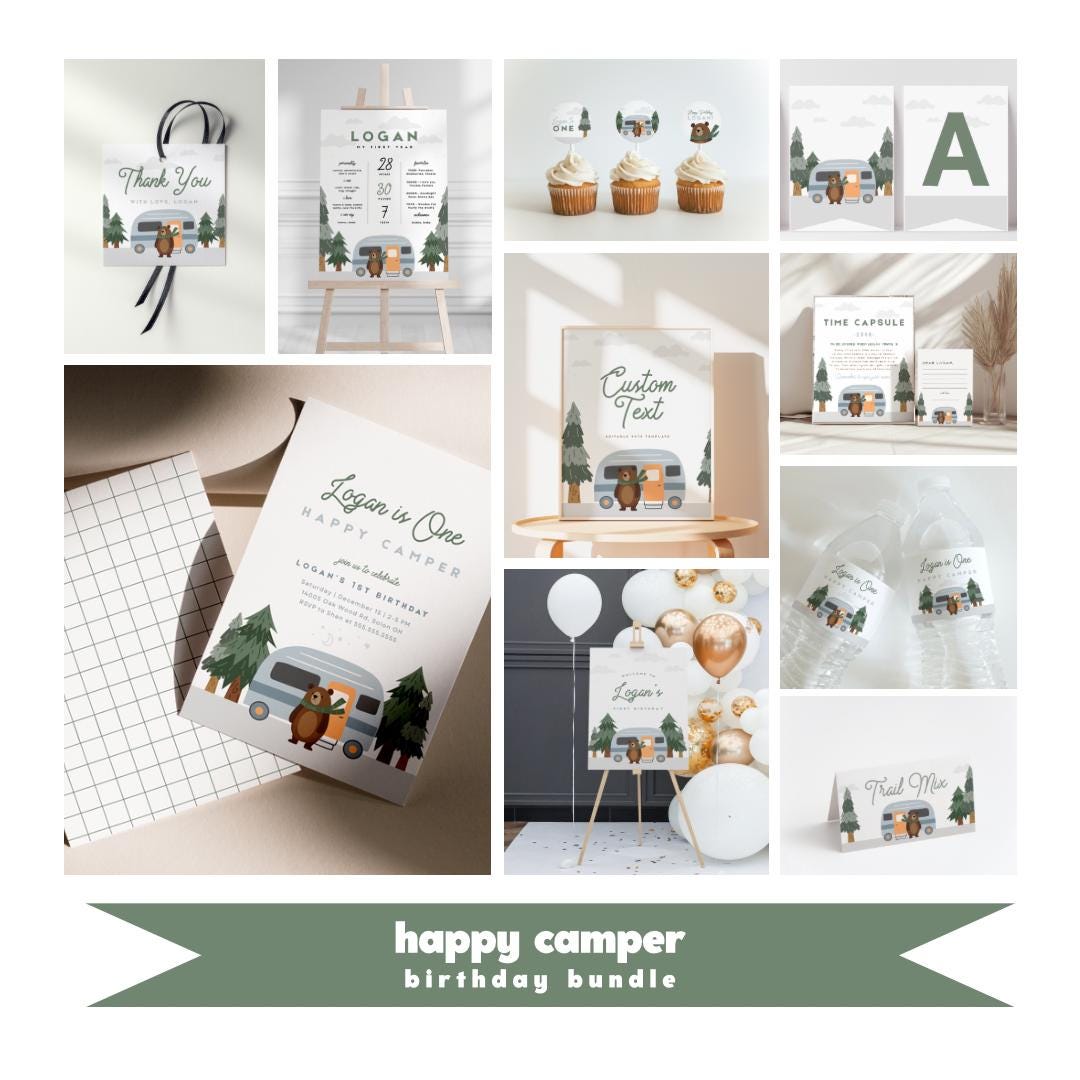 Happy Camper First Birthday Party Bundle Package: Editable Templates ...